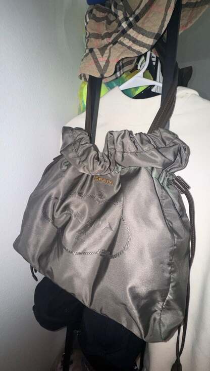 Prada | Bags | Prada Olive Green Tessuto Nylon Drawstring Logo Handbag ...